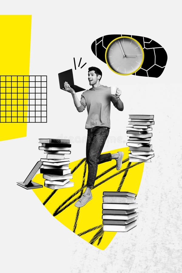 Vertical Photo Collage of Happy Guy Freelancer Run Carry Laptop Coffee ...