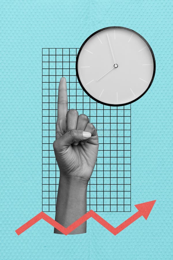 Vertical Photo Collage of Human Hand Point Index Finger Clock Work ...