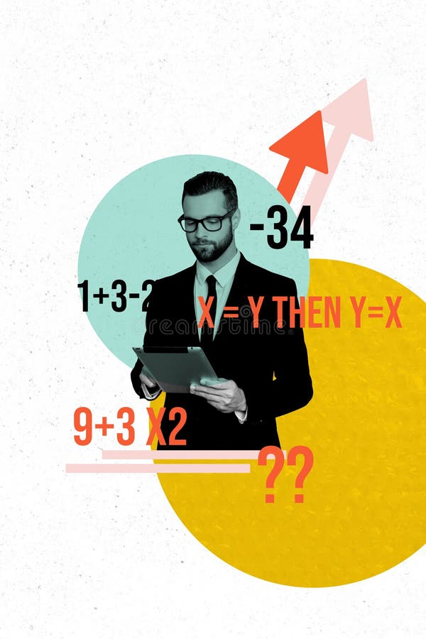 Vertical Photo Collage of Serious Businessman Hold Ereader Arrow ...