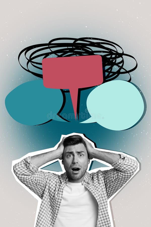 Vertical Photo Collage of Shocked Panic Guy Hold Head Bubble Speech ...
