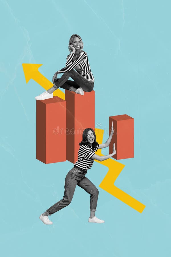 Vertical Photo Collage of Two Happy Girls Stand Chart Arrow Pointer ...