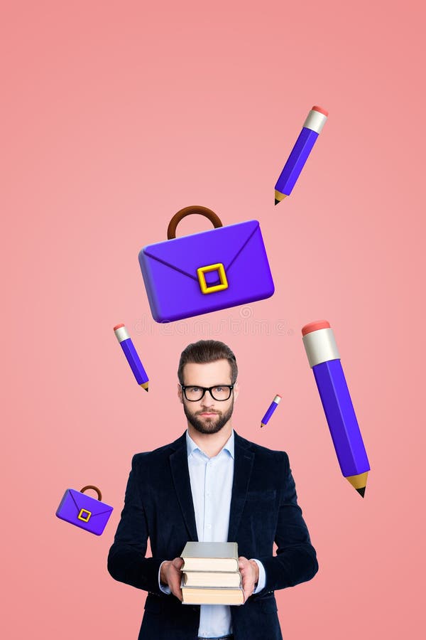 Vertical Photo Collage of Young Serious Guy Hold Book Stack Student ...
