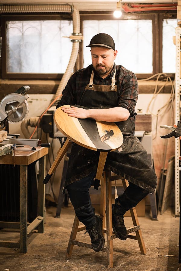 Vertical Photo of Confident Bearded Carpenter in Woodworking Process in ...
