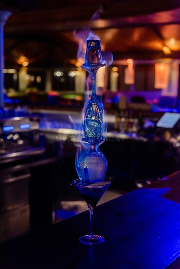 Alcohol Exotic Tropical Cocktail Burning with Fire in the Glass on the ...