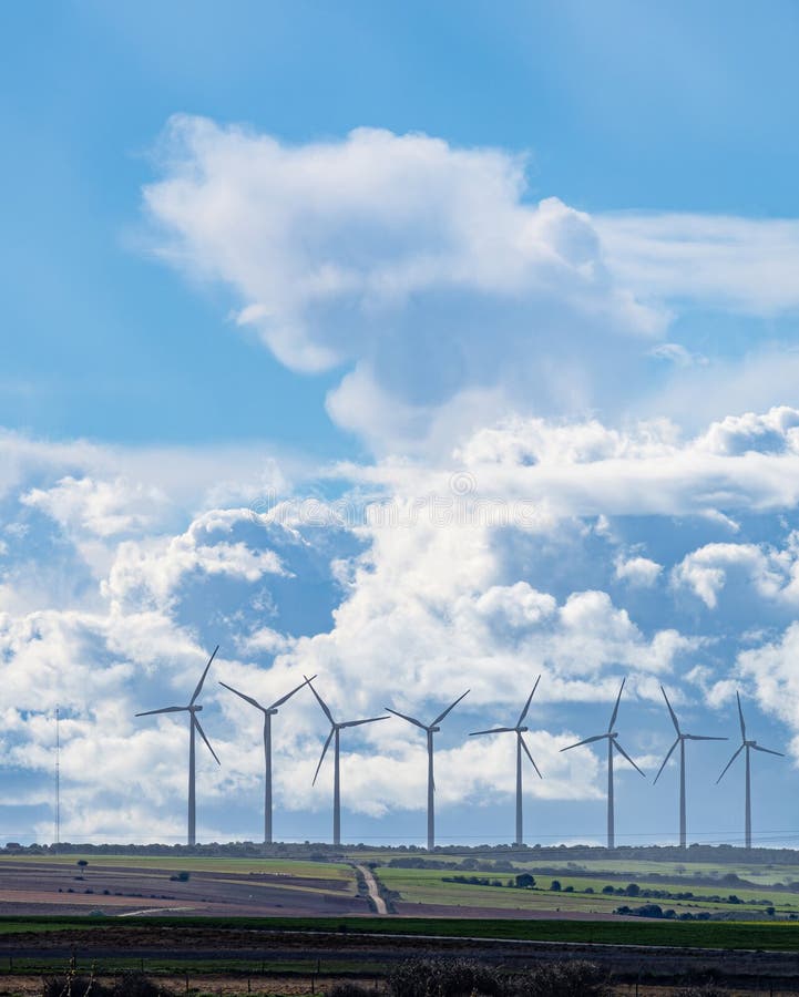 Vertical Photograph of Wind Farm between Crop Fields. Blue Sky with ...