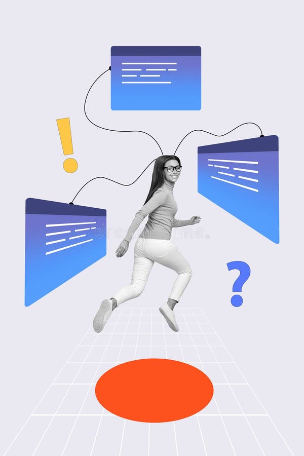 Vertical Picture Collage Young Smiling Woman Web Interface Question Mark Diligent Employee Solve ...
