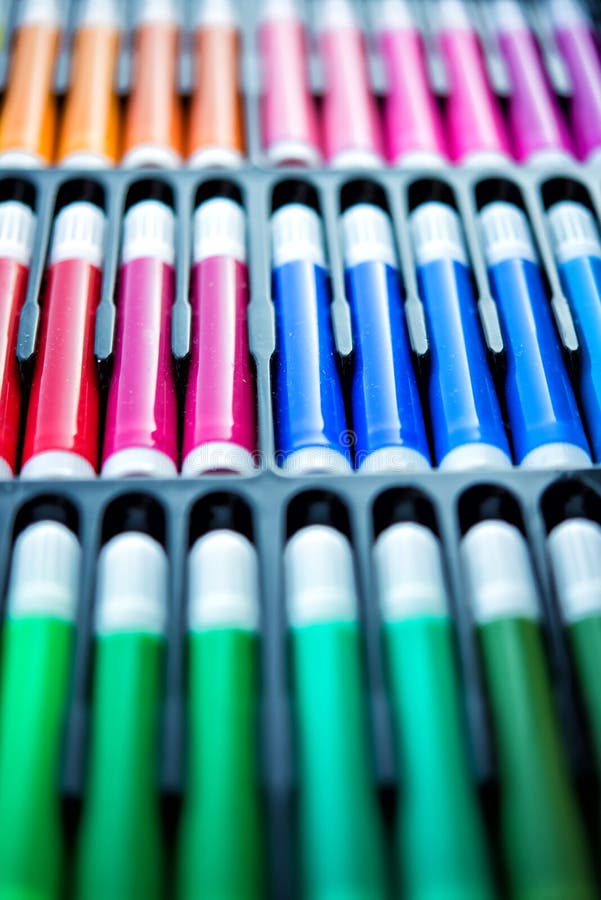 Vertical Picture Soft Focus Close-up of Palette of Colored Markers in ...
