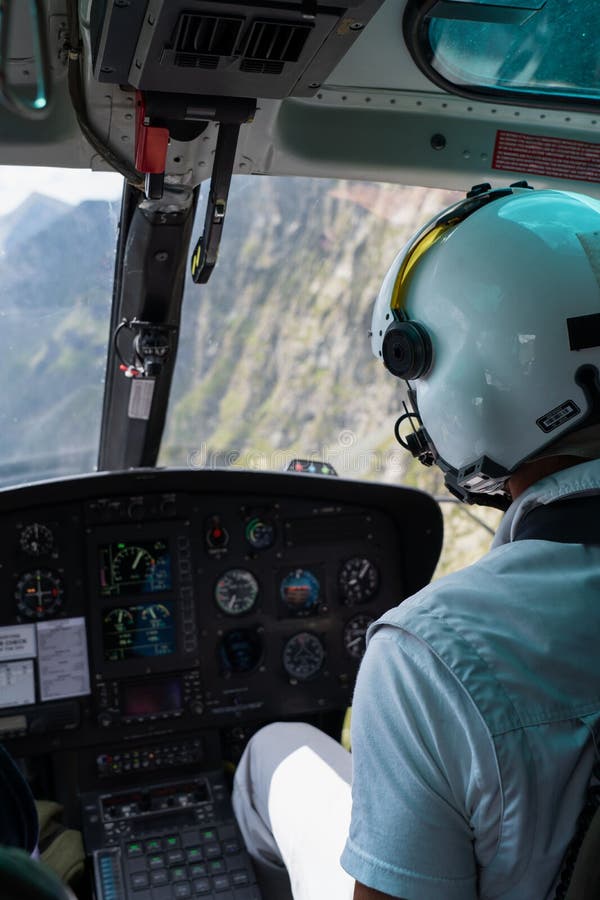 Vertical of a Pilot Seen from Behind, Flying a Helicopter, Sitting in a ...