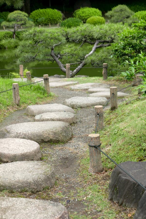 Vertical Pine Tree, Stone Road in Japanese Zen Garden Stock Photo ...