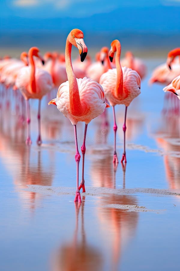 Vertical Pink Flamingos on the Salt Lake Stock Illustration ...