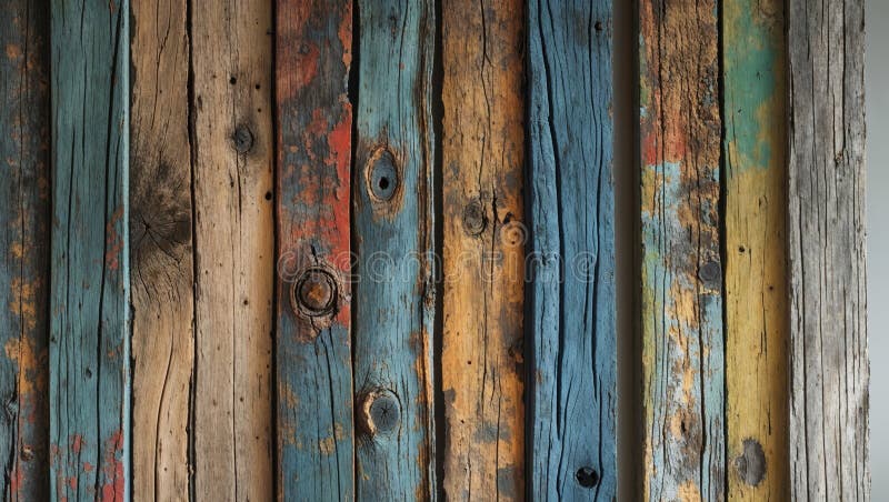 Vertical Planks of Colorful Wood Showing Worn and Aged Textures. Stock ...