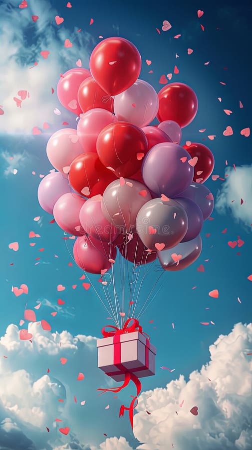 Vertical Portrait of Balloons Carrying Gift Package Box with Ribbon ...