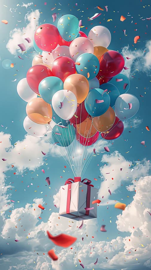 Vertical Portrait of Balloons Carrying Gift Package Box with Ribbon ...