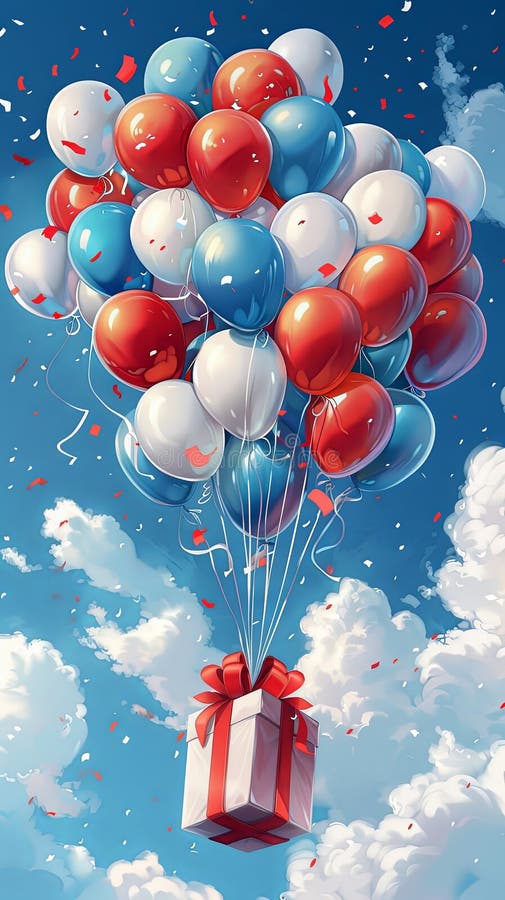 Vertical Portrait of Balloons with Present Birthday Box Flying Stock ...