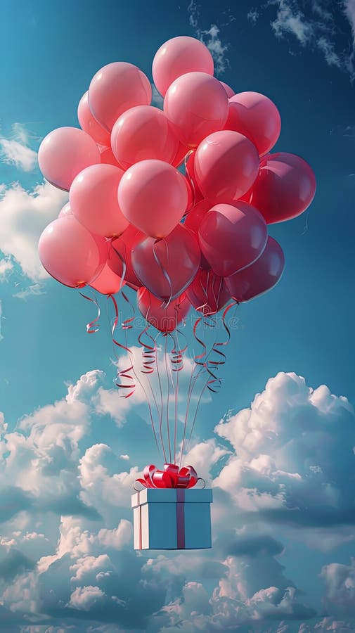 Vertical Portrait of Balloons with Present Birthday Box Flying Stock ...