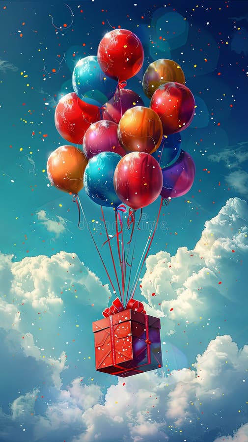 Vertical Portrait of Balloons with Present Birthday Box Flying Stock ...