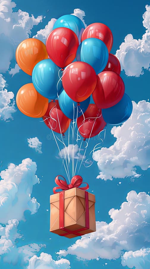 Vertical Portrait of Bunch of Balloons Attatched To Gift Box with ...