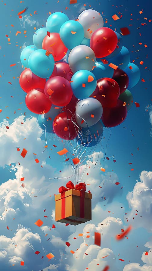 Vertical Portrait of Bunch of Balloons Attatched To Gift Box with ...