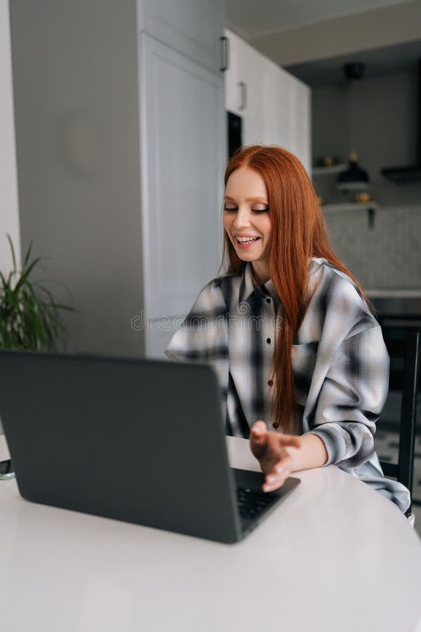 Vertical Portrait of Cute Freelancer Female Working Typing on Laptop ...