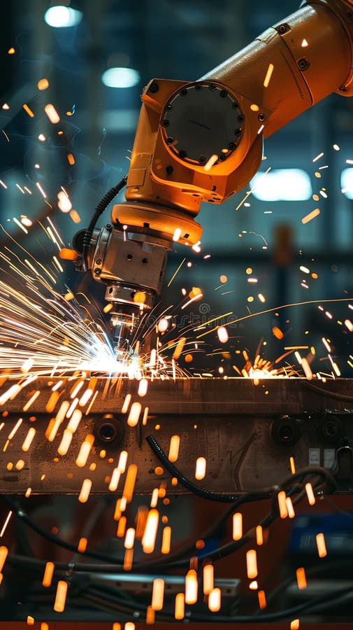 Vertical Portrait of Robot Arm Welding in Factory Stock Illustration ...