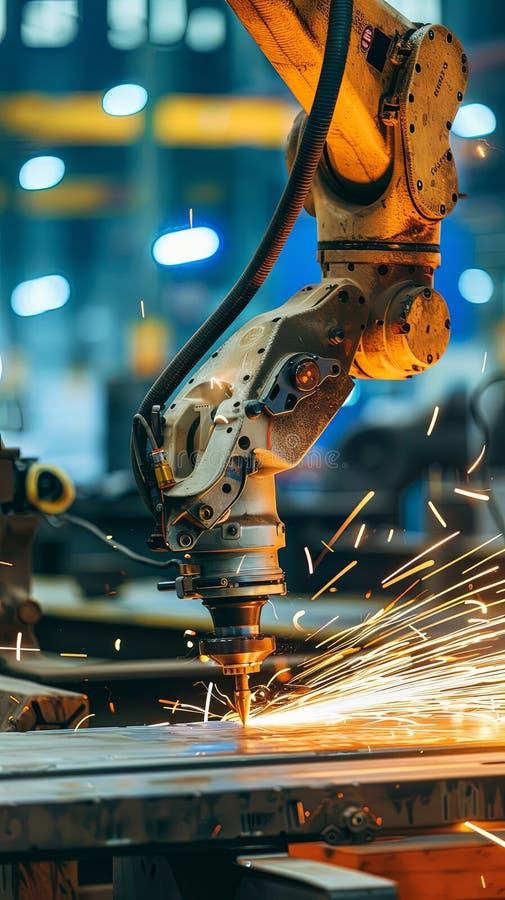 Vertical Portrait of Robot Arm Welding in Factory Stock Illustration ...