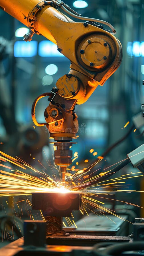 Vertical Portrait of Robot Arm Welding in Factory Stock Illustration ...