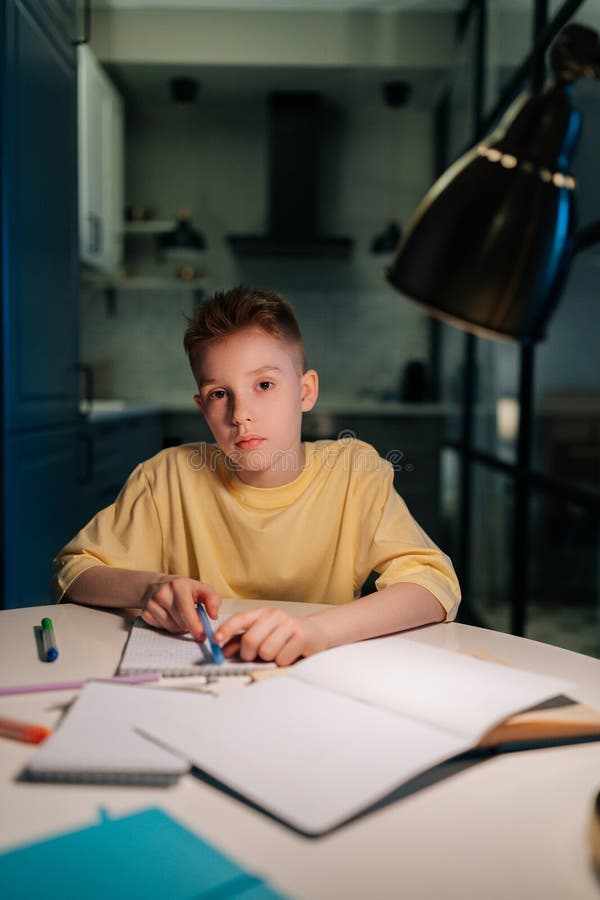 Side View of Focused Schoolboy Studying at Home Doing Homework Sitting ...