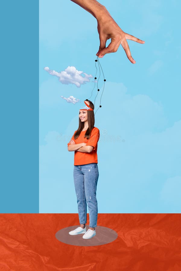 Vertical Poster Collage Psychedelic Image Young Cheerful Woman Hand ...