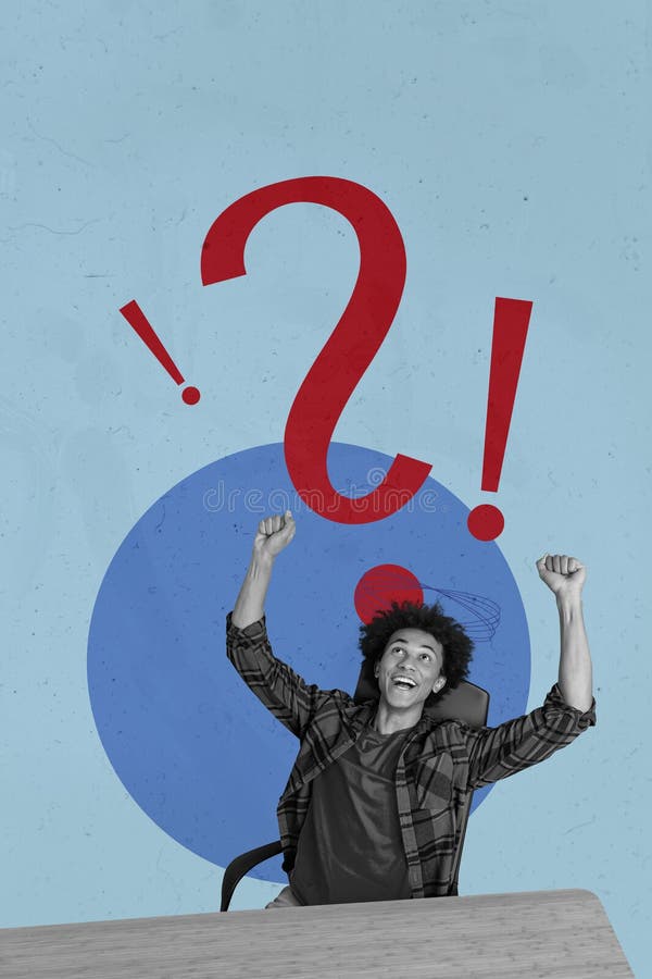 Vertical Poster Collage Young Man Question Mark Solution Victory Winner ...