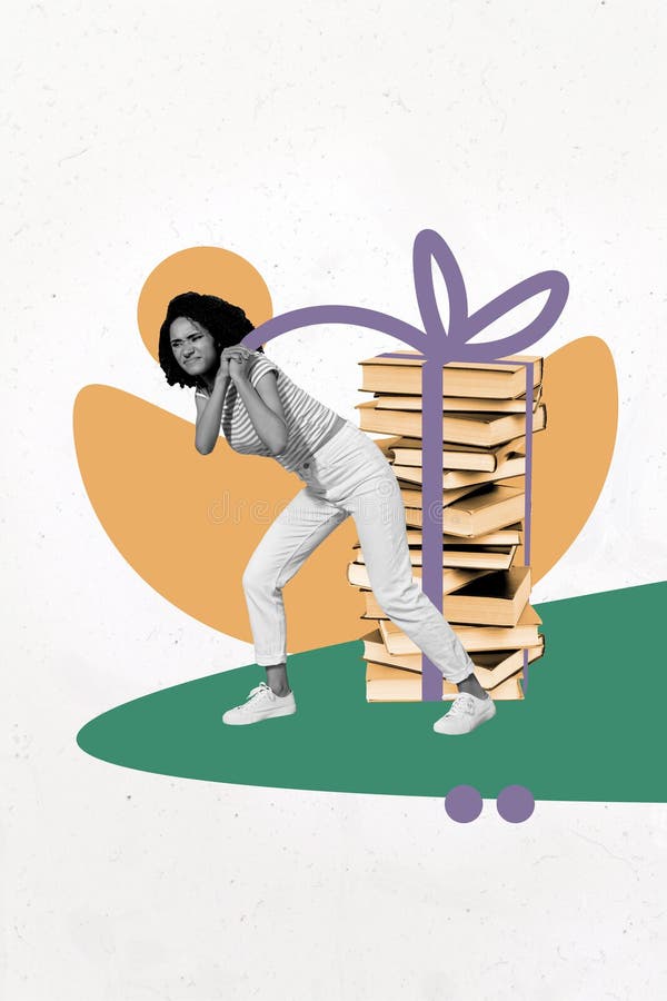 Vertical Poster Collage Young Woman Pull String Book Education Stack ...