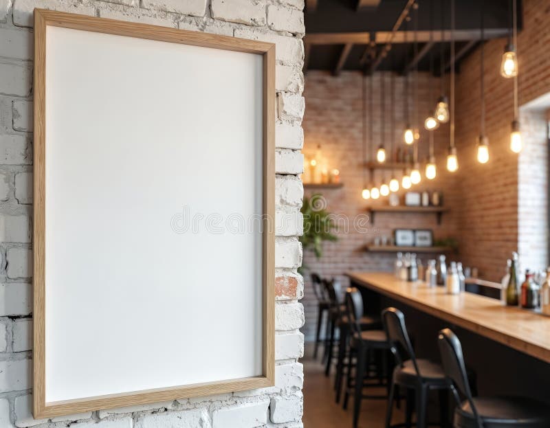 Vertical Poster with Wooden Frame Hangs on White Brick Wall in Modern ...