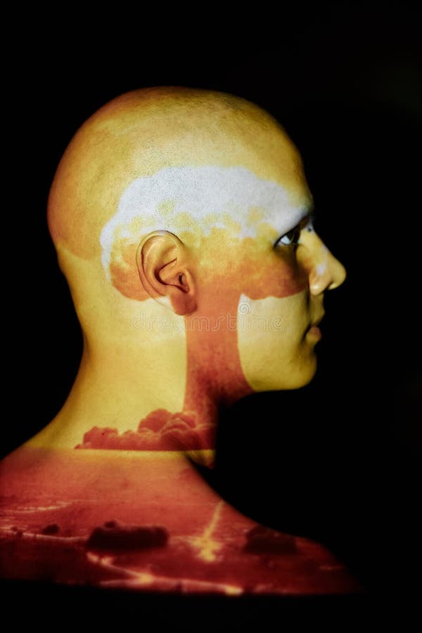 Profile of Bald Man Posing with Mushroom Cloud from Atomic Explosion ...