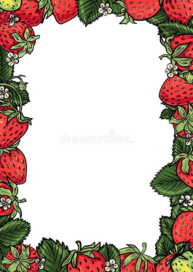Vertical Rectangular Frame with Strawberries, Green Leaves, and White ...