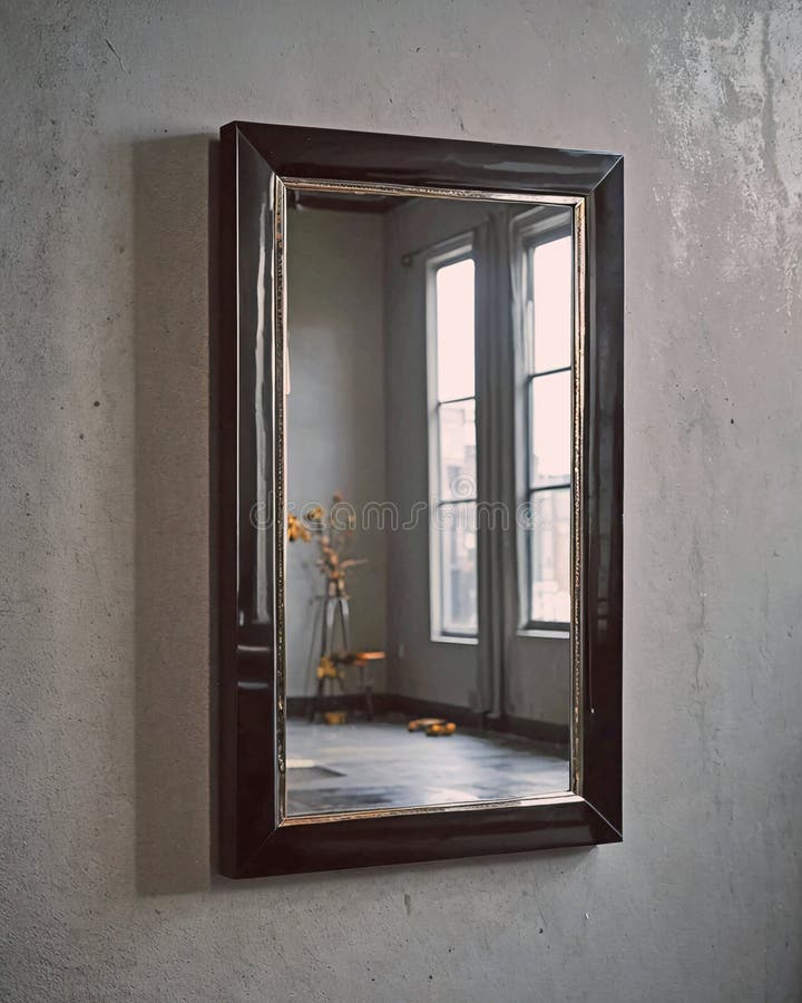 A Vertical Rectangular Mirror with a Black Wooden Frame Hangs on a ...