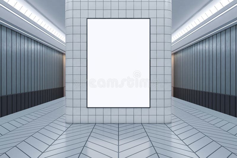 Vertical Rectangular Mockup Poster on Tiled Pillar in Modern Hallway ...