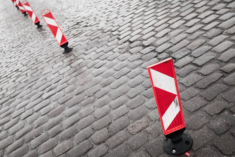 Vertical Red and White Striped Road Signs Stock Photo - Image of bright ...