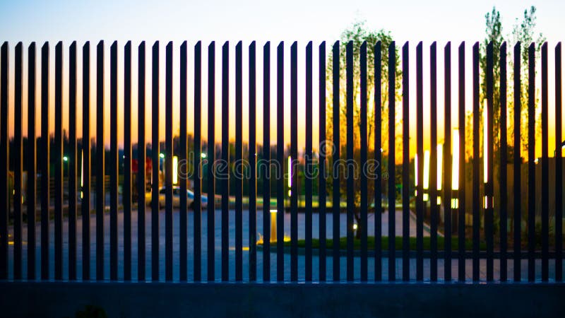 Modern Floating Metal Fence Silhuette on Sunset Stock Illustration ...