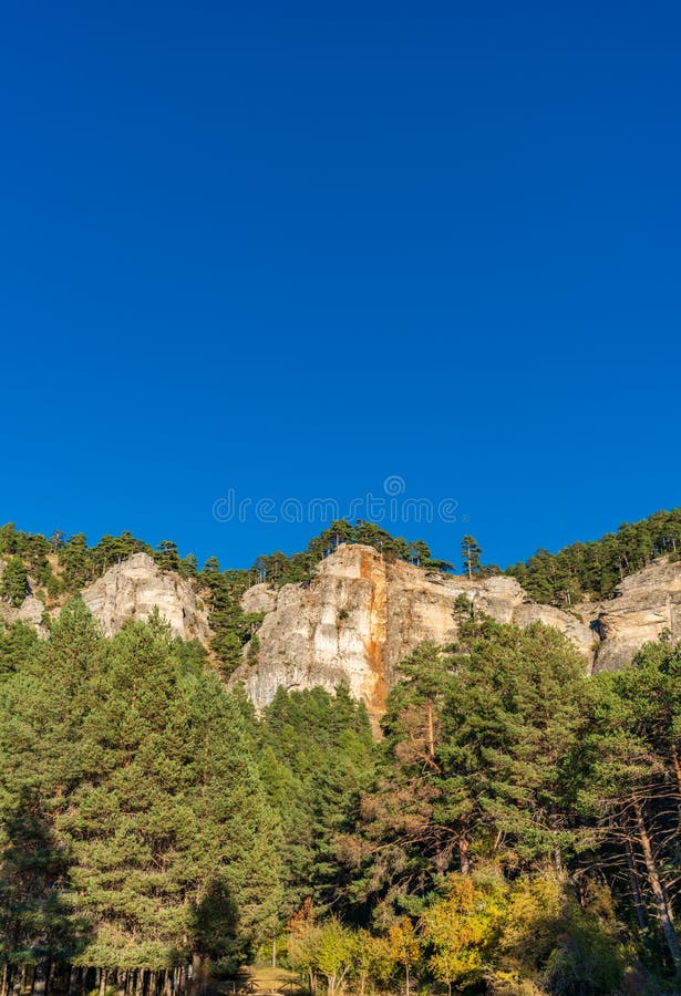 Vertical Rock Cliffs Over the Pine Tree Forest Under Blue Sky Stock ...
