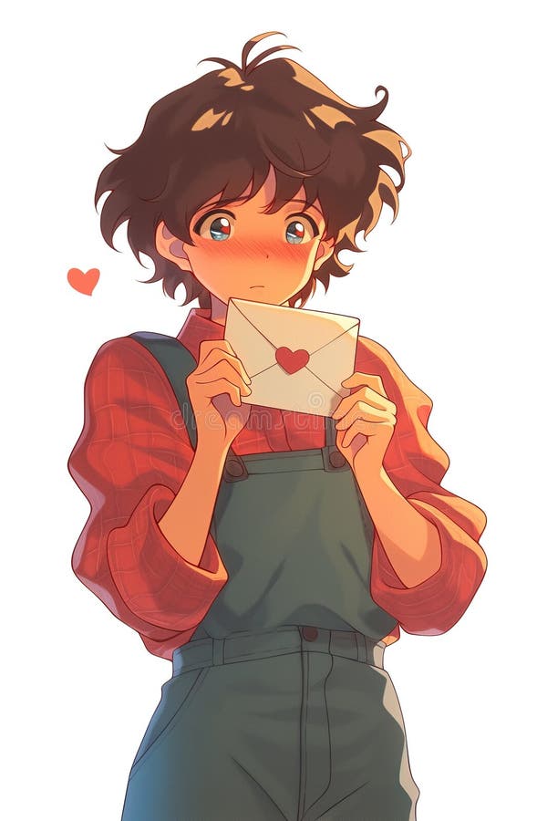 Vertical Romantic Anime Style Postcard Charming Embarrassed Boy Holding ...