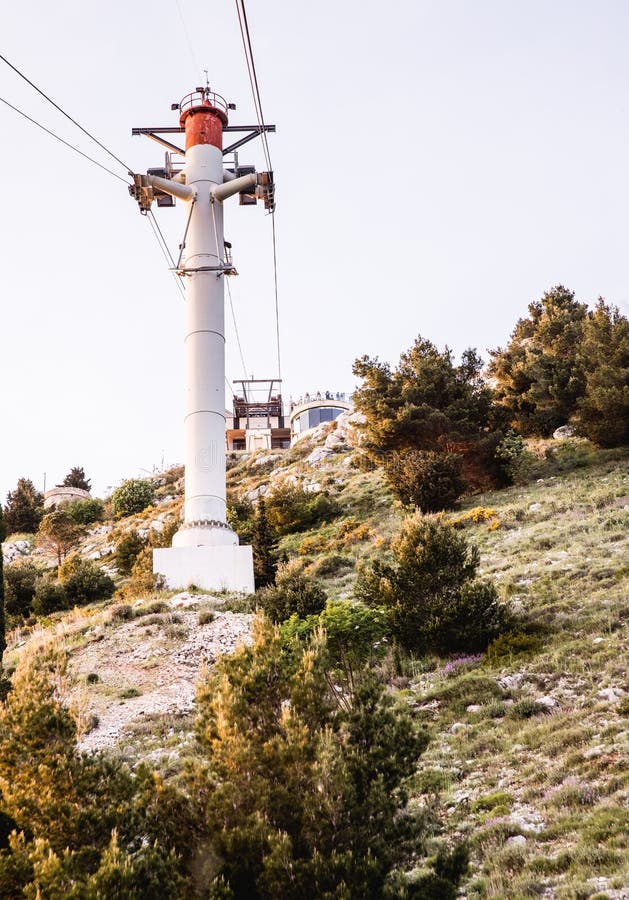 Vertical of a Ropeway on a Green Mountain Slope Stock Image - Image of ...