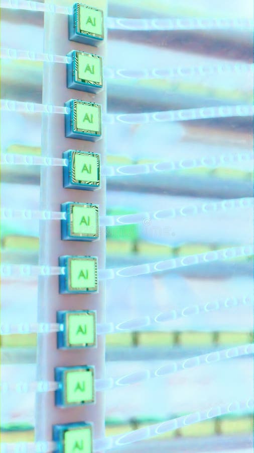 Vertical Row of Futuristic AI Microchips with Glowing Labels Connected ...