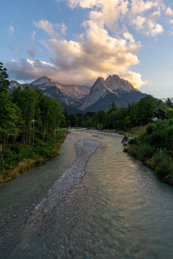 Vertical Scenic View of the Waxenstein Mountain Peak with a Lake at the ...