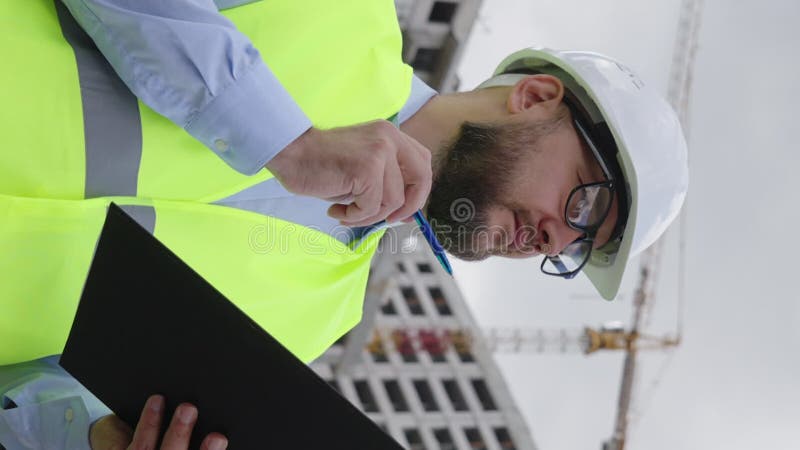 Vertical Screen: Bearded Building Contractor Making Notes at ...