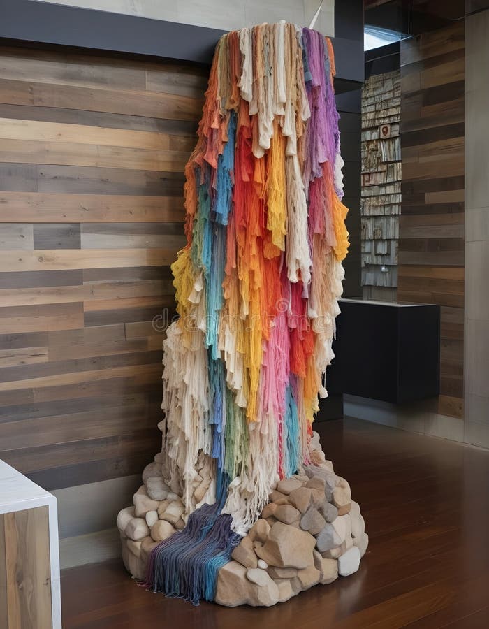 Vertical Sculpture of Colorful Yarn Strands Hanging from Ceiling Stock ...