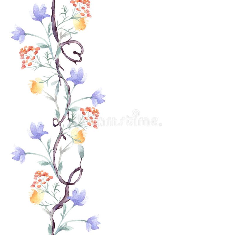 Vertical Seamless Border of Tree Branches with Floral Elements ...