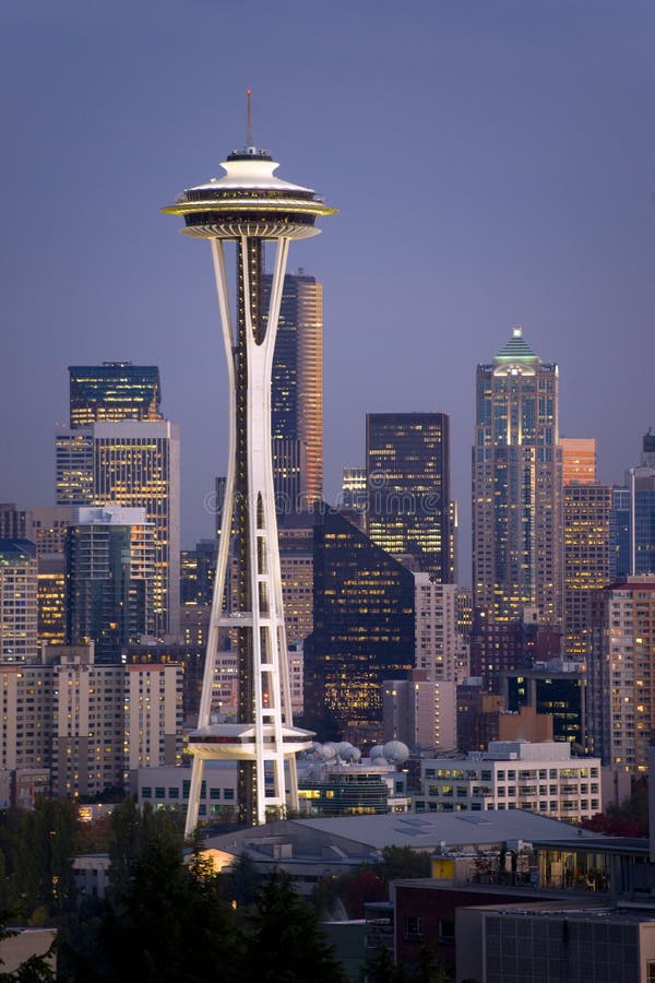 Vertical Seattle Skyline Space Needle Dusk Night Editorial Image ...