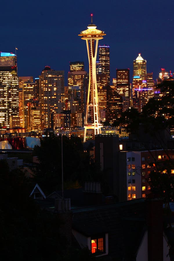 Vertical Seattle, Washington Skyline at Night Editorial Photography ...