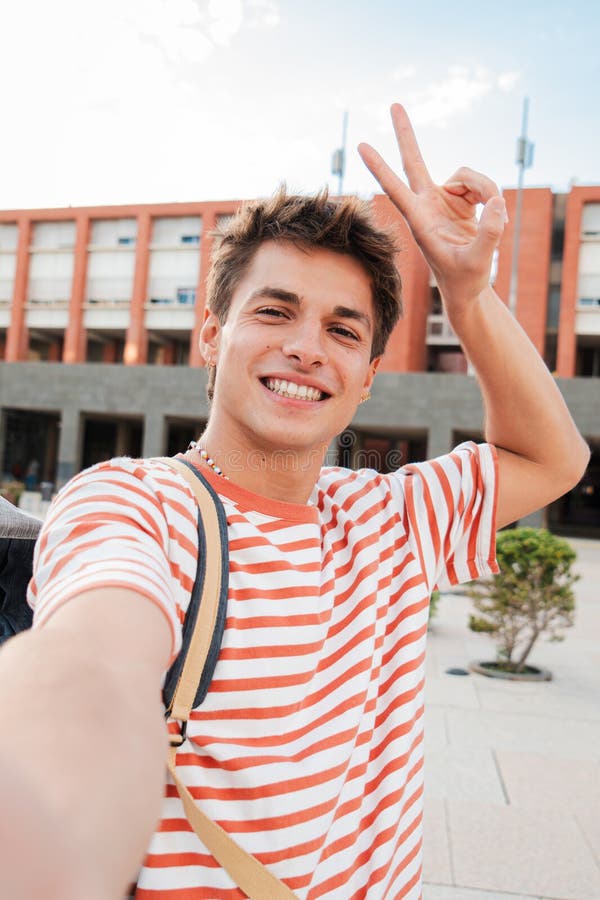 Vertical Selfie Portrait of One Caucasian Teenage Student Smiling and ... Vertical Selfie Portrait of One Caucasian Teenage Student Smiling and ...