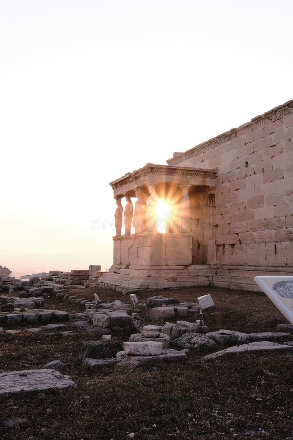 Vertical Shot of the Ancient Greek Erechtheion during a Sunset Stock ...