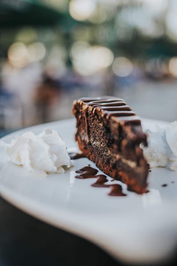 Vertical Shot of an Appetizing Chocolate Cake Slice with a Liquid Sauce ...